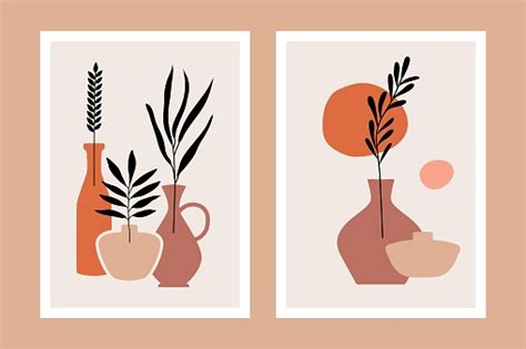 추상적인 꽃 중반 세기 포스터 보호 현대 벽 예술 세트 손으로 그린 배경 화면 인테리어 장식 벡터 일러스트레이션 0명에 대한 스톡 벡터 아트 및 기타 이미지 Istock