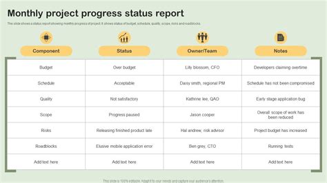 Monthly Project Progress Status Report Ppt Example