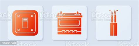 자동차 배터리 전기 조명 스위치 및 전기 케이블을 설정합니다 흰색 사각형 버튼입니다 벡터 고압 전류 주의에 대한 스톡 벡터 아트 및 기타 이미지 Istock