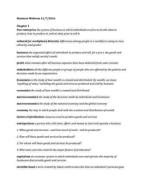 Business Summary Midterm Chapter Business Midterm Chapter Free Enterprise The System Of