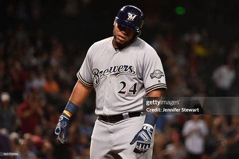 Jesus Aguilar Of The Milwaukee Brewers Reacts To A Call Made In The