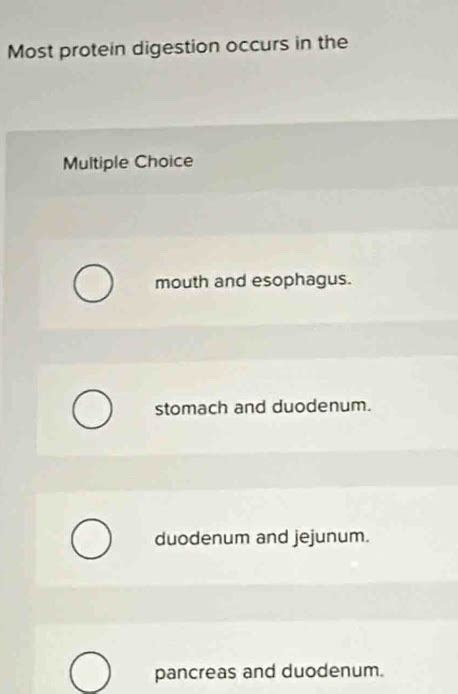 Solved Most Protein Digestion Occurs In The Multiple Choice Mouth And