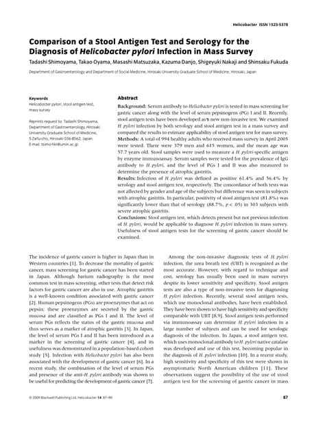 Pdf Comparison Of A Stool Antigen Test And Serology For The Diagnosis Of Helicobacter Pylori