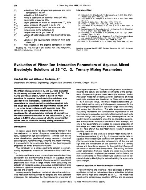 Pdf Evaluation Of Pitzer Ion Interaction Parameters Of Aqueous Mixed