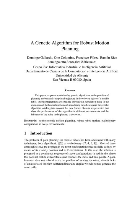 Pdf A Genetic Algorithm For Robust Motion Planning