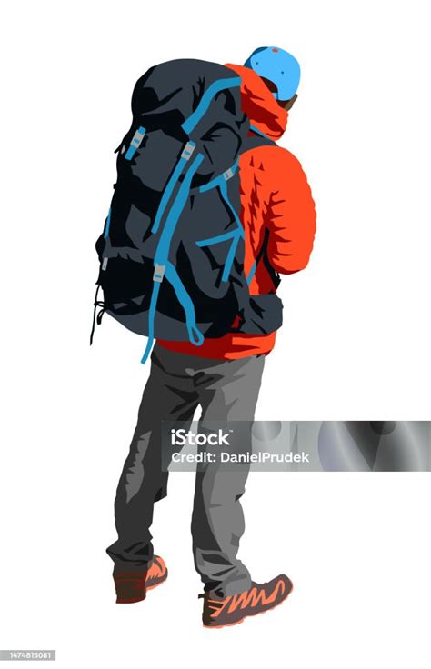 부츠 한 켤레와 파란색 모자를 쓰고 등에 큰 배낭을 메고 빨간 재킷을 입은 등산객 벡터 삽화 에베레스트 산에 대한 스톡 벡터 아트 및 기타 이미지 Istock