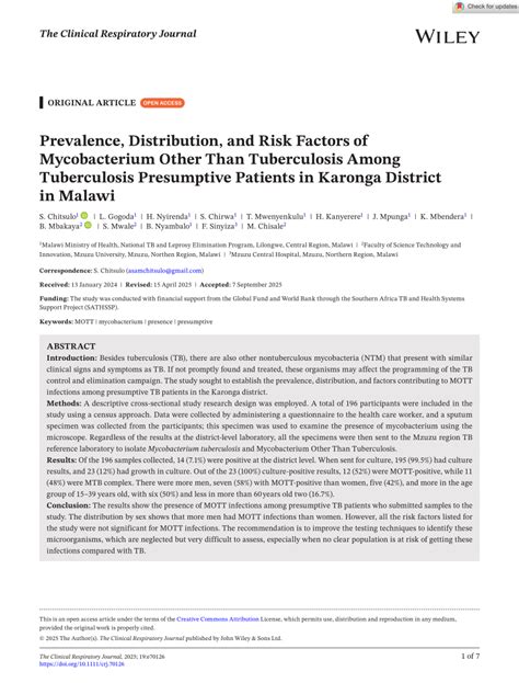 Pdf Prevalence Distribution And Risk Factors Of Mycobacterium Other Than Tuberculosis Among