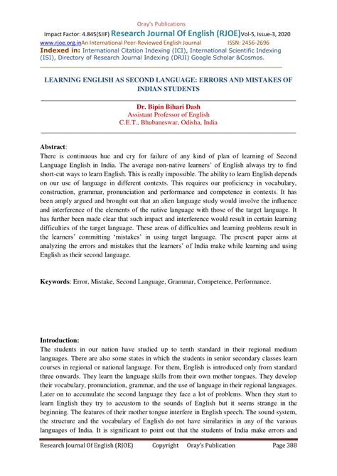 Pdf Learning English As Second Language Errors And Mistakes Of Indian