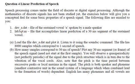 Matlab Question 4 Linear Prediction Of Speech Speech Processing