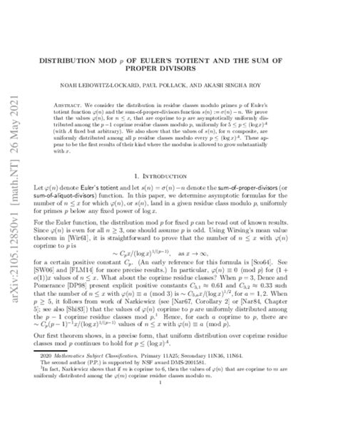 Pdf Distribution Mod P Of Eulers Totient And The Sum Of Proper