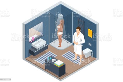 흰색 변기 거울 세면대 샤워실이 있는 아이소메트릭 현대적인 욕실 인테리어 여자는 샤워에서 목욕 남자는 화장실에서 목욕한다 가구에 대한 스톡 벡터 아트 및 기타 이미지