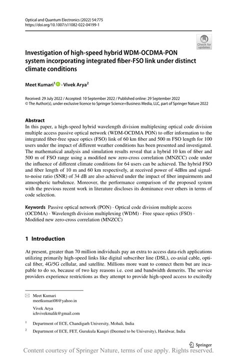 Investigation Of High Speed Hybrid Wdm Ocdma Pon System Incorporating Integrated Fiber Fso Link