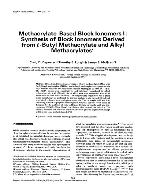 Pdf Methacrylate‐based Block Ionomers I Synthesis Of Block Ionomers Derived From T‐butyl