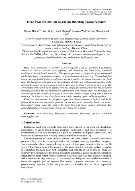 pdf head pose estimation based on detecting facial features