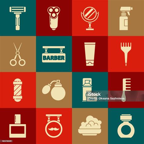 애프터 쉐이브 헤어 브러시 라운드 메이크업 거울 이발소 가위 미용사 면도 면도기 및 크림 로션 화장품 튜브 아이콘을 설정합니다