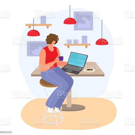 카페에 앉아 있는 여자는 커피와 함께 컵을 들고 있고 프리랜서 원격 작업 노트북은 흰색 위에 격리된 직장 평면 벡터 삽화를 들고 있습니다 경영자에 대한 스톡 벡터 아트 및