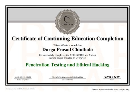 Cybrary Cert Ethical Hacking Certificate Of Continuing Education Completion This Certificate