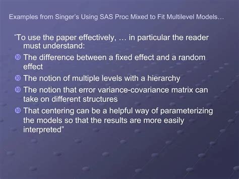 Ppt Examples From Singer S Using Sas Proc Mixed To Fit Multilevel Models Powerpoint