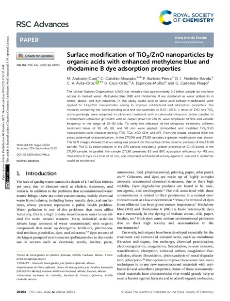 Surface Modification Of Tio2 Zno Nanoparticles By Organic Acids With Enhanced Methylene Blue And