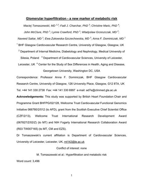 Pdf Glomerular Hyperfiltration A New Marker Of Metabolic Risk