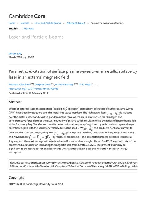 Pdf Parametric Excitation Of Surface Plasma Waves Over A Metallic Surface By Laser In An