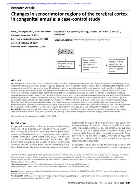 PDF Changes In Sensorimotor Regions Of The Cerebral Cortex In Congenital Amusia A Case