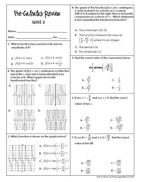 Pre Calculus End Of Year Review Unit All Things Algebra