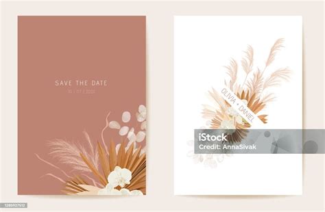 결혼 말린 달리아 난초 팜파 잔디 꽃 초대장 벡터 이국적인 말린 꽃 야자수 잎 보헤미안 카드 수채화 템플릿 프레임입니다 데이트 단풍 커버 모던 포스터 트렌디한 디자인 저장