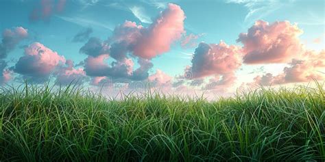 Green Grass Under A Pastel Sky Decorated With Delicate Pink Clouds
