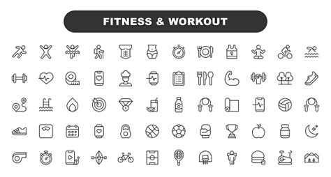 피트니스 및 운동 라인 아이콘 편집 가능한 획 신체 다이어트 운동 체육관 건강한 라이프 스타일 명상 스포츠 수면 메달 축구 농구 칼로리 근육 체중 공원 달리기 등반과 같은