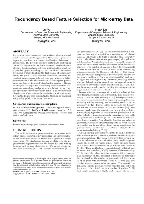 Pdf Redundancy Based Feature Selection For Microarray Data