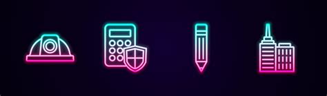 Set Line Worker Safety Helmet Security Keypad Access Panel Pencil With Eraser And City Landscape