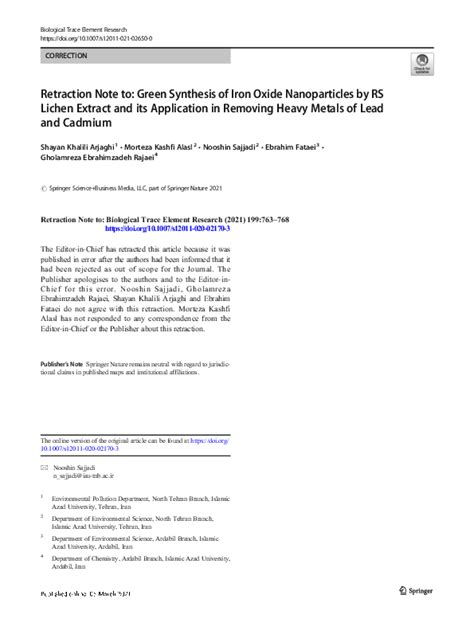Pdf Retraction Note To Green Synthesis Of Iron Oxide Nanoparticles By Rs Lichen Extract And