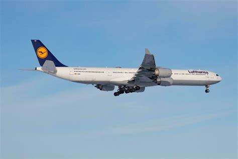 Lufthansa Airbus A340 600 D Aihd Passenger Plane Landing At Frankfurt