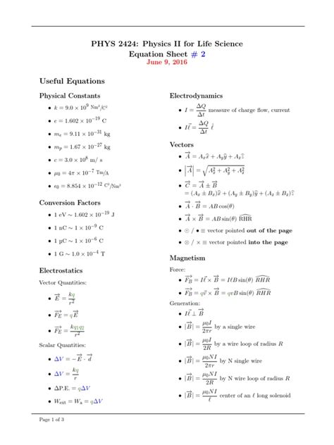 Phys 2424 Physics Ii For Life Science Equation Sheet Physical