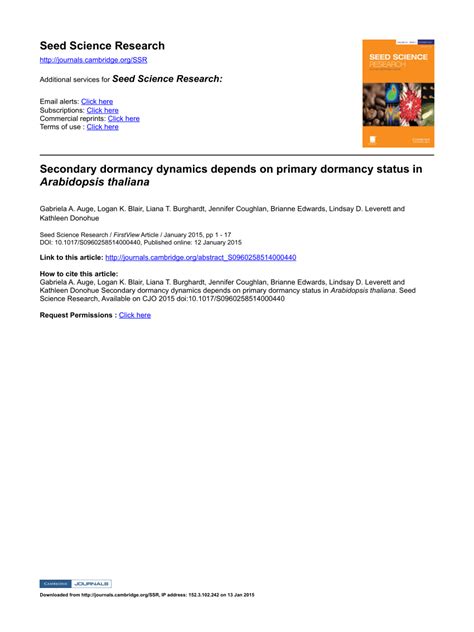 Pdf Secondary Dormancy Dynamics Depends On Primary Dormancy Status In Arabidopsis Thaliana