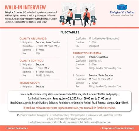 biological e walk in interview for qa qc micro and production dept