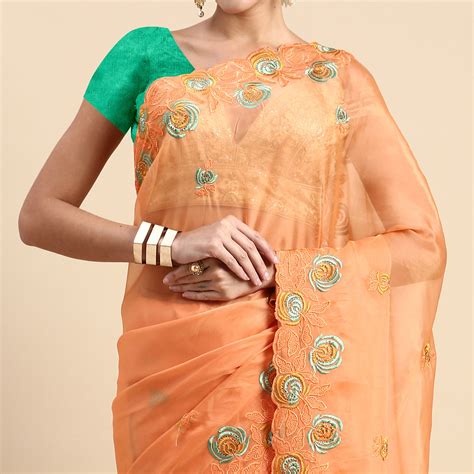 Orange Floral Embroidered Organza Saree