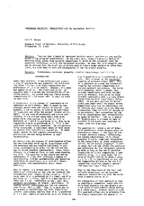 Pdf Preference Relations Transitivity And The Reciprocal Property