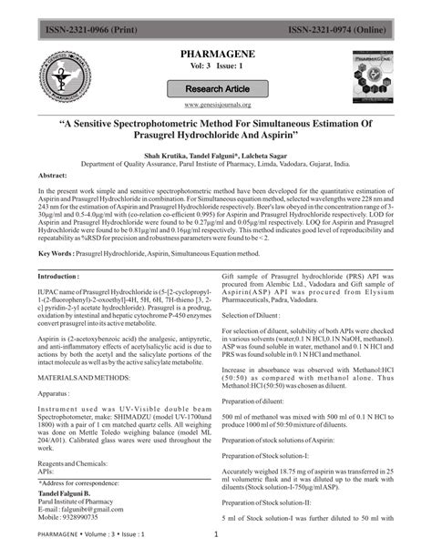 Pdf A Sensitive Spectrophotometric Method For Simultaneous Estimation Of Prasugrel