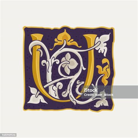 U 편지 드롭 캡 로고 금색 질감과 흰색 덩굴이 있는 정사각형 중세 이니셜 르네상스 서예 엠블럼 고딕 양식에 대한 스톡 벡터 아트 및 기타 이미지 Istock