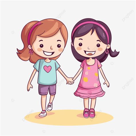 함께 더 나은 벡터 손을 잡고 웃는 얼굴로 두 귀여운 만화 소녀 상표 클립 아트 Png 일러스트 및 벡터 에 대한 무료