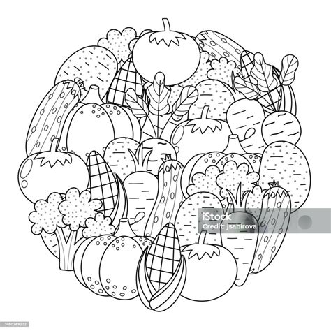 신선한 야채 원 모양 패턴으로 색칠하기 책 낙서 건강 식품 만다라 색칠하기 가을에 대한 스톡 벡터 아트 및 기타 이미지 가을 건강한 식생활 낙서 드로잉 Istock