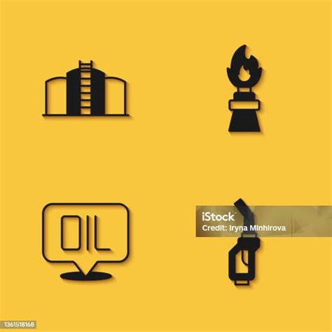 설정 오일 탱크 저장 가솔린 펌프 노즐 워드 오일과 긴 그림자와 화재 아이콘 장비 벡터 스토리지 탱크에 대한 스톡 벡터 아트 및 기타 이미지 Istock
