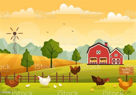 농부 케이지 닭 계란 농장이 있는 가금류 농장은 녹색 들판 배경 보기로 손으로 그린 귀여운 만화 템플릿 그림 Poultry Farming에 대한 스톡 벡터 아트 및 기타