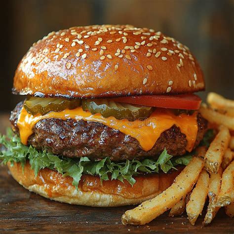 A Mouthwatering Cheeseburger With Crispy Fries Showcases A Classic