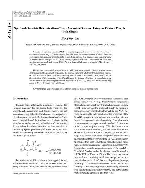 Pdf Spectrophotometric Determination Of Trace Amounts Of Calcium Using The Calcium Complex