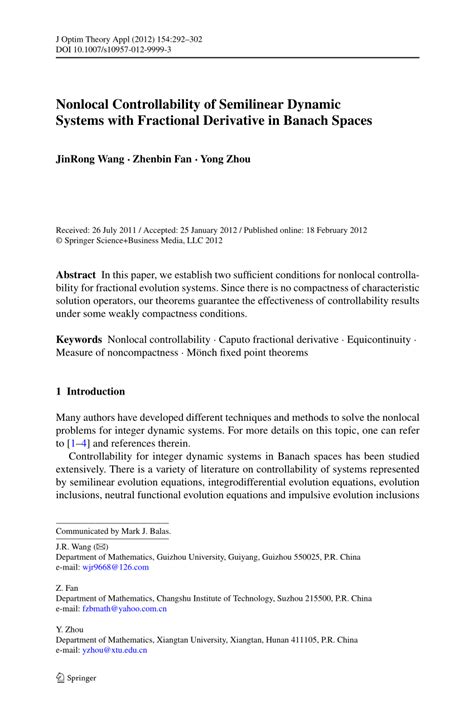 Pdf Nonlocal Controllability Of Semilinear Dynamic Systems With Fractional Derivative In