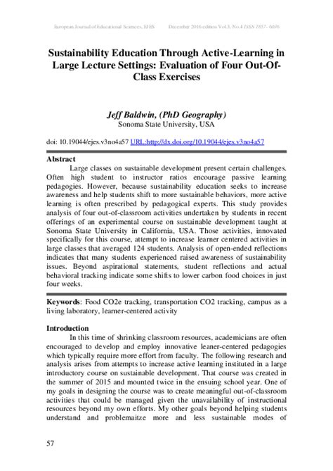 Pdf Sustainability Education Through Active Learning In Large Lecture Settings Evaluation Of