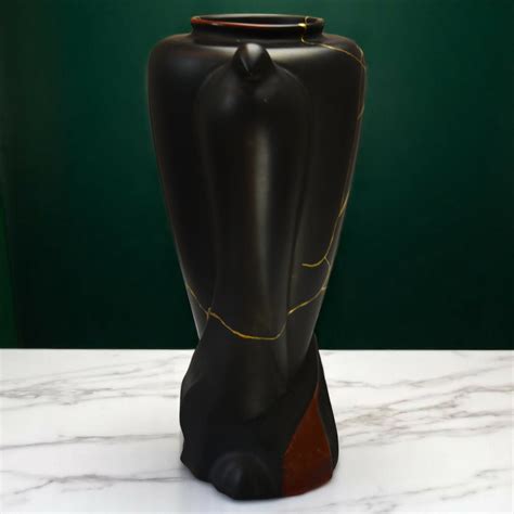 Matte Black Ceramic Vase With 22k Gold Kintsugi And Applied Birds